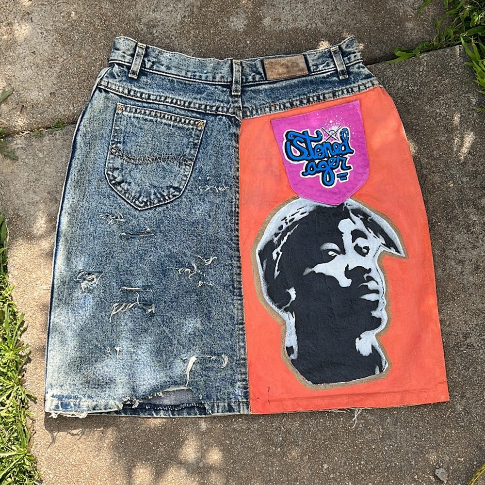 Vintage Tupac Hand Painted Lee Acid Washed Denim Skirt - Gem